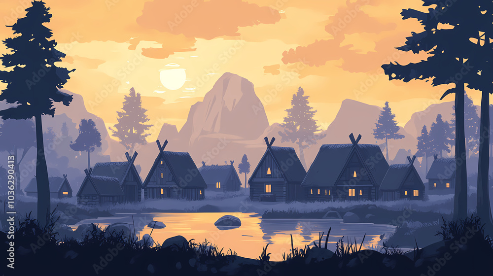 Viking village level background asset, longhouses, platformer game ...