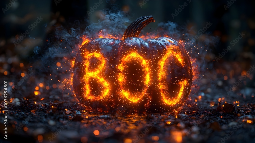 Eerie and creepy Boo text in a spooky smoke font hovering in a dark ...
