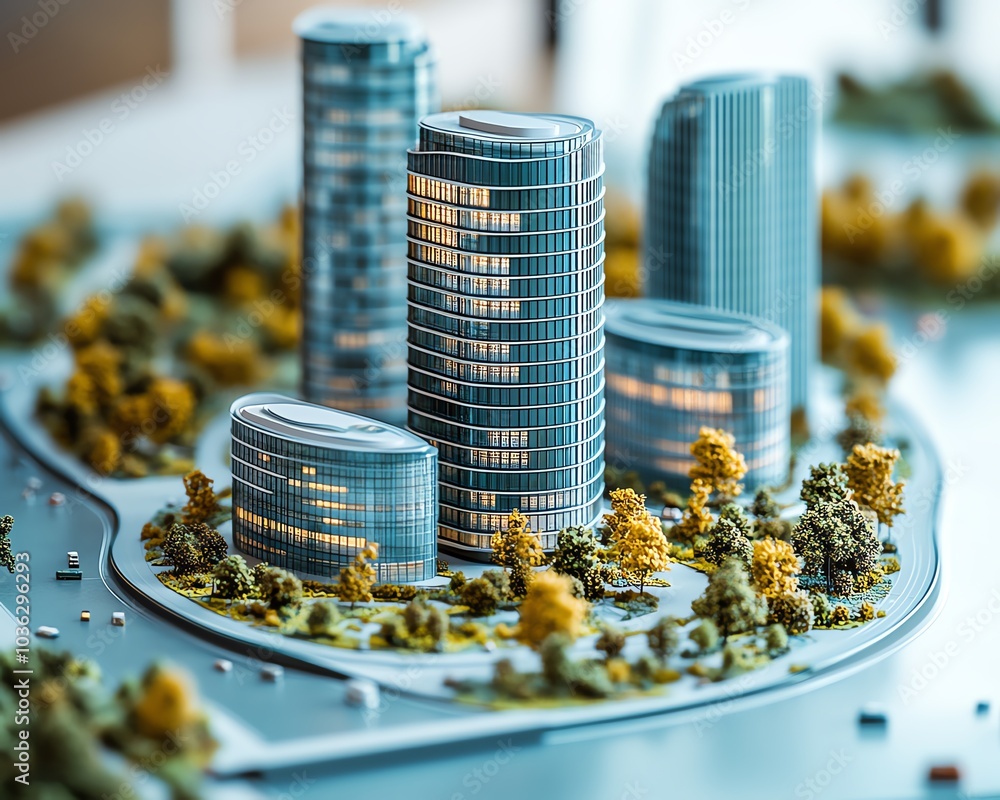 3D rendering of a modern business park development project, featuring ...