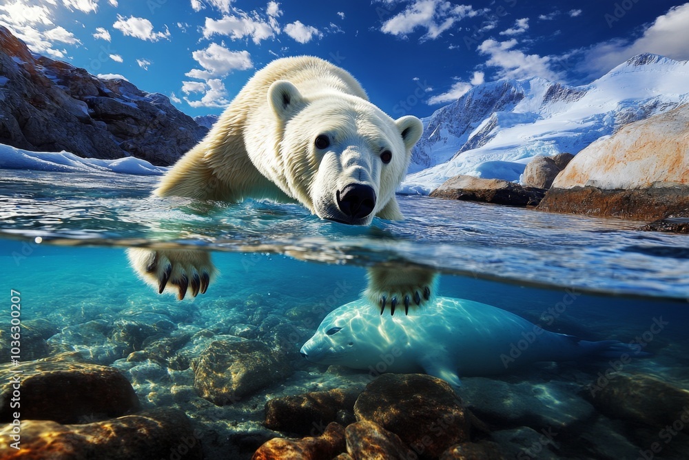 Ecosystem balance, visualized in an arctic scene where polar bears ...