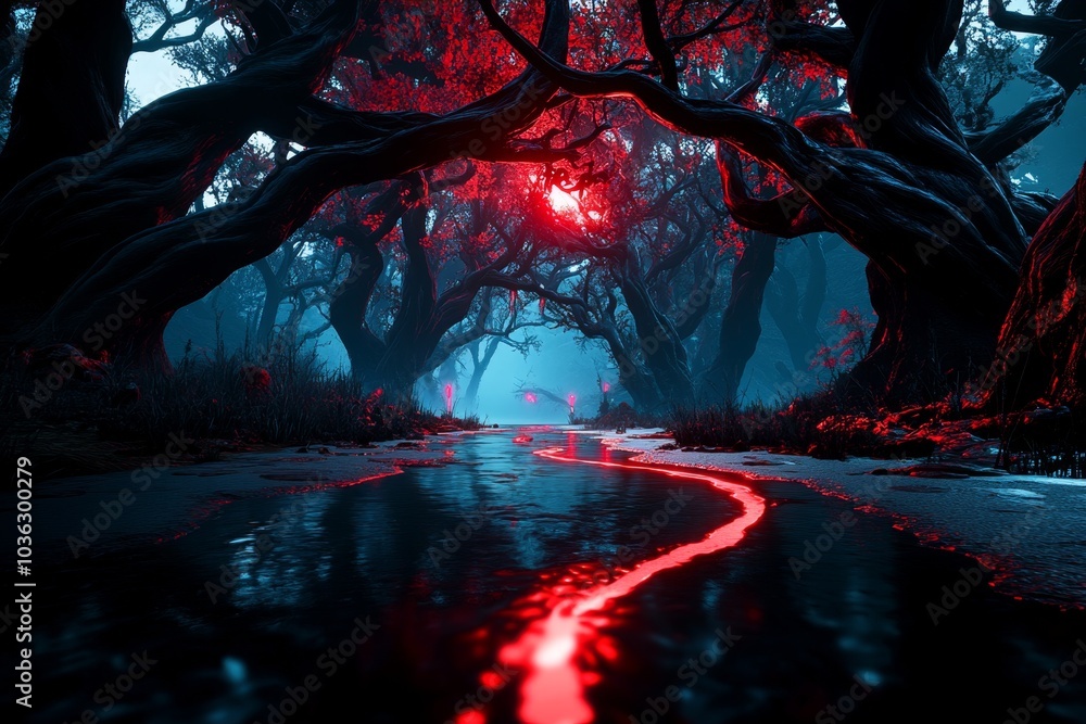 Environment, depicted in a gothic swamp where dark, twisted trees and ...