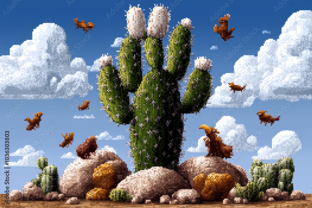Pixel art of a Prickly Pear cactus, with animated desert creatures ...
