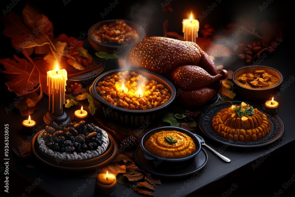 Pixel art of a Thanksgiving dinner table, with tiny animated dishes ...