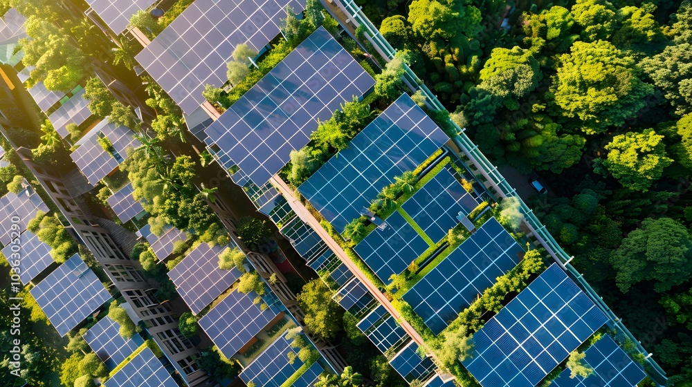 Design a blueprint for a smart building that uses green technology such as solar panels ...