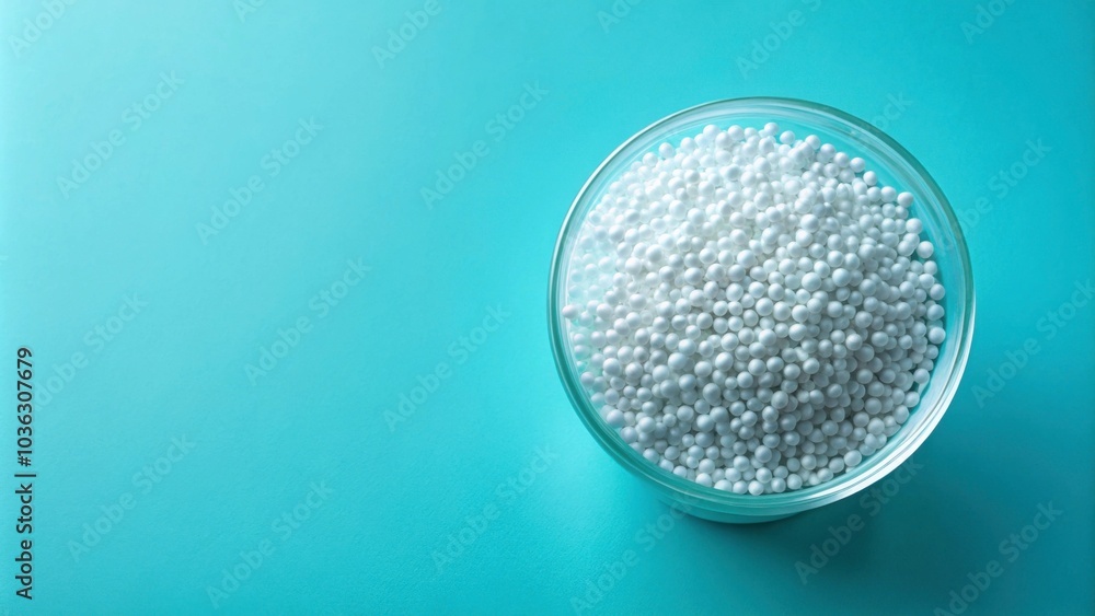 Top view of plastic polypropylene granules in a glass cup on a cyan ...