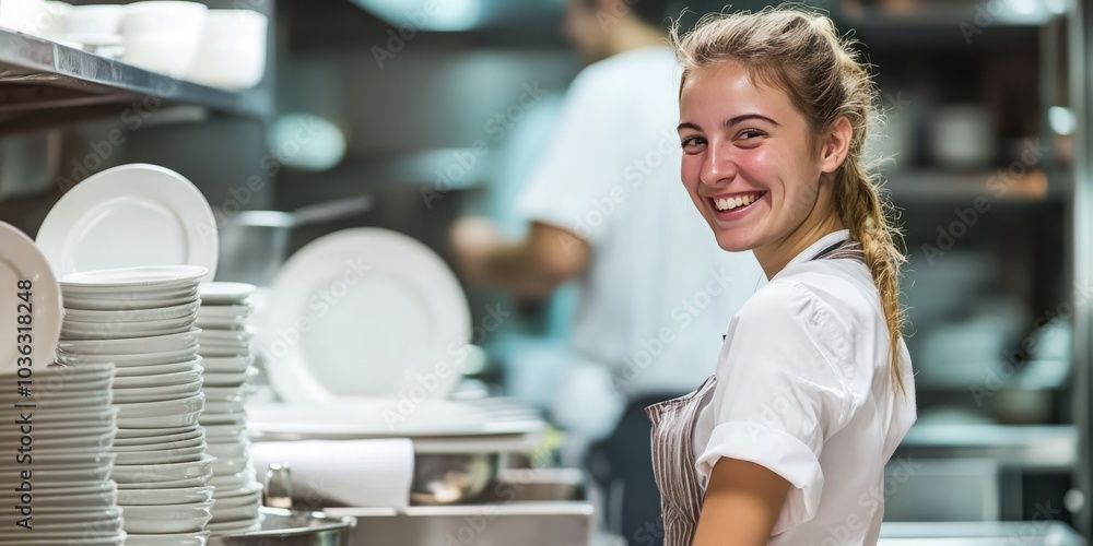 Smiling female dishwasher working diligently in a bustling restaurant ...