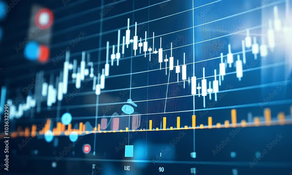 A stock market graph with rising candlestick charts, representing an ...