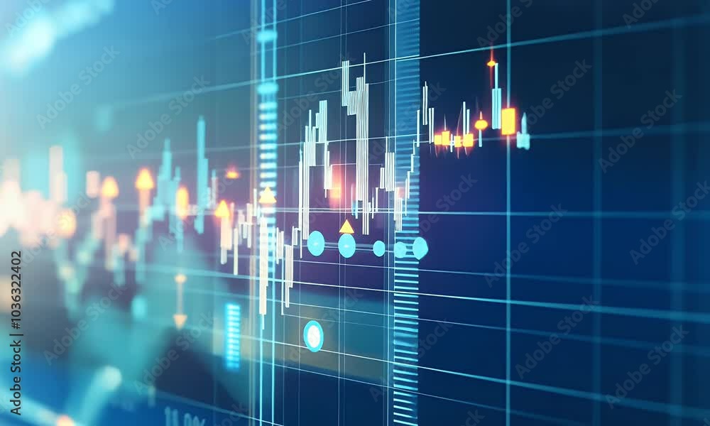 A stock market graph with rising candlestick charts, representing an ...