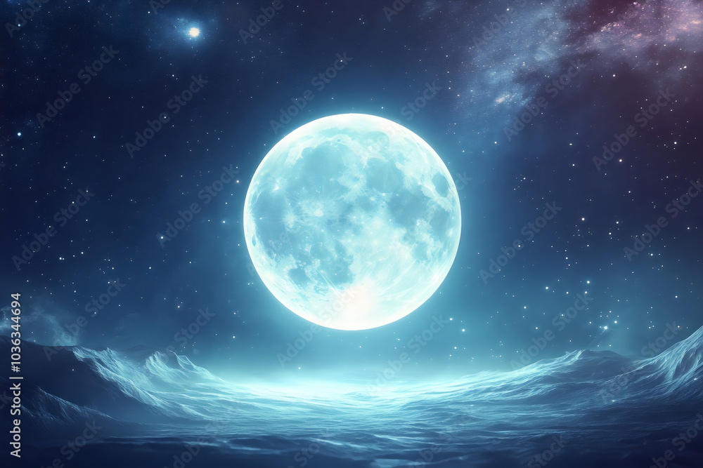 Surreal giant blue moon shining over space mountains in starry night ...