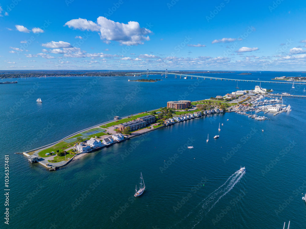 Goat Island aerial view including Goat Island Marina and Newport Harbor Island Resort with ...