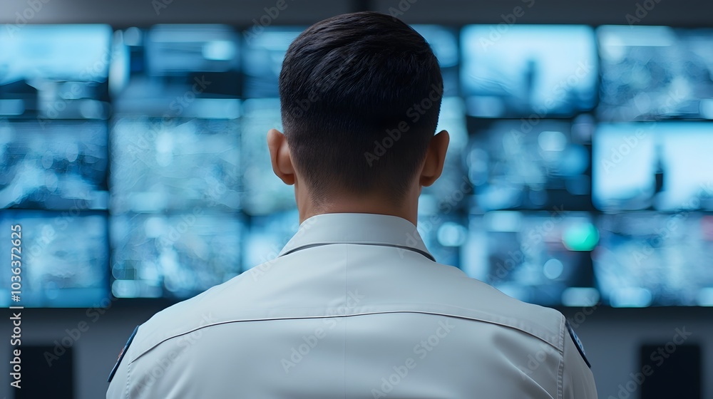 Vigilant Security Guard Monitoring CCTV in High Tech Control Room Stock ...