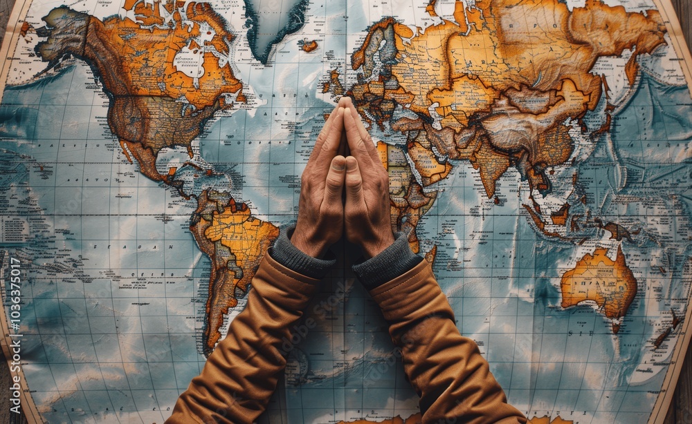 Prayer Hands Over World Map Symbolizing Global Mission and ...