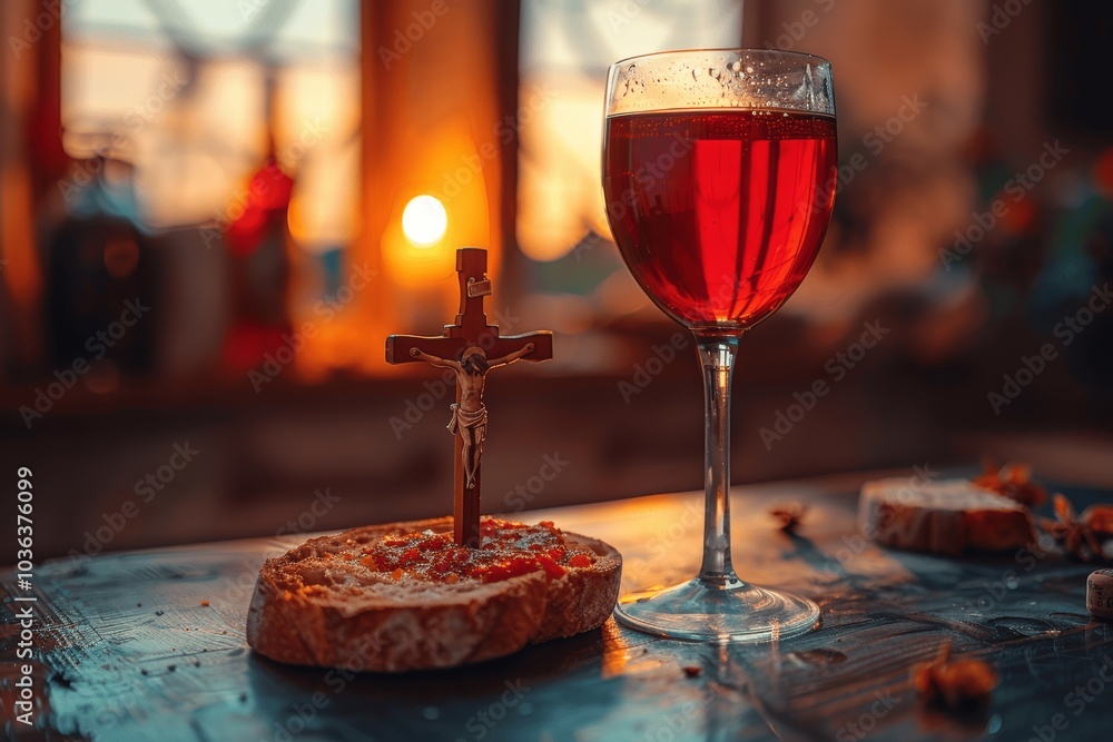 Communion Table with Cross, Bread and Wine, Symbolizing the Holy Blood ...