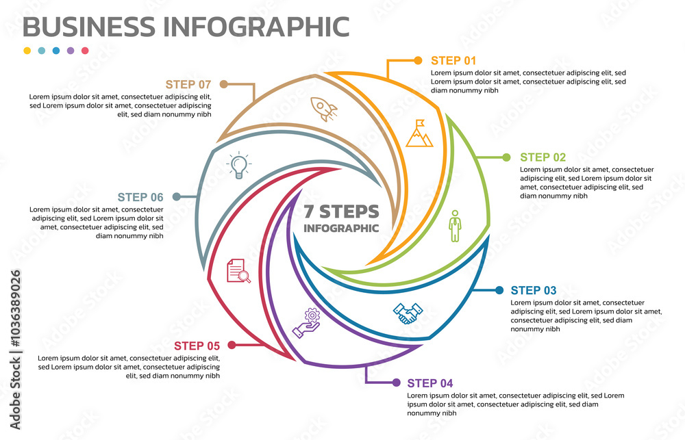Visual data presentation. Cycle diagram with 7 options. Pie Chart ...
