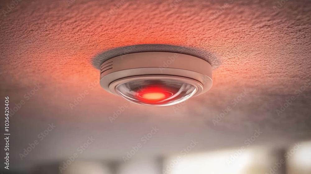 A smoke detector with a blinking red light, indicating it is active and ...