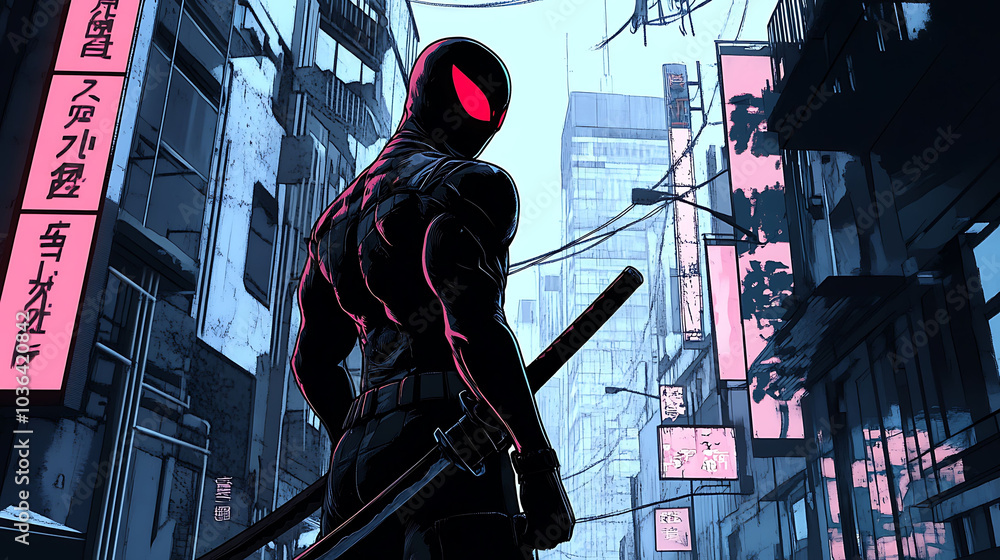 A lone ninja stands in a bustling city street, his back to the viewer ...