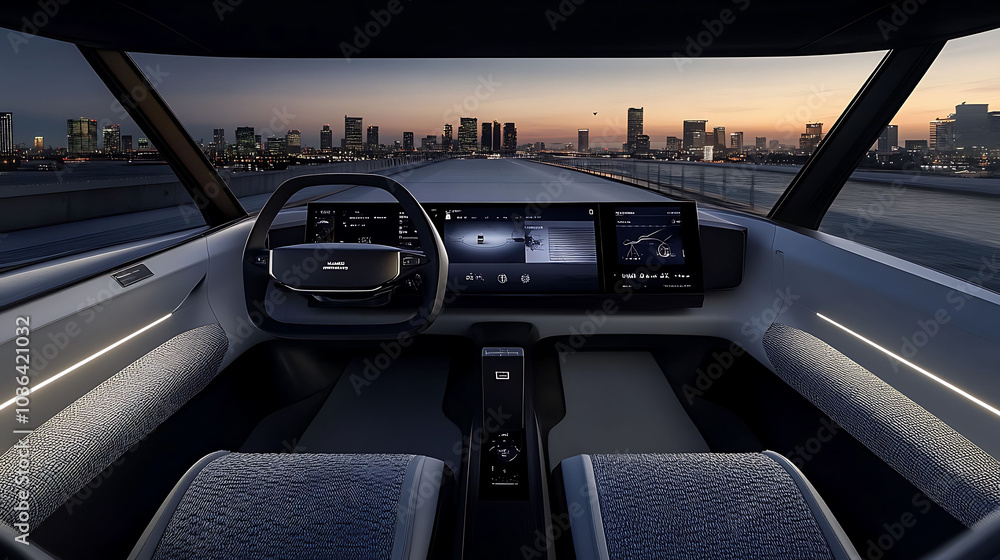 Interior view of a driverless car on a city road with a skyline in the ...