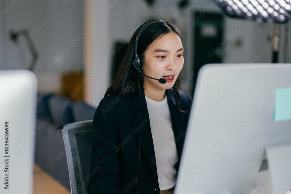 Young businesswoman is wearing a headset and speaking into a microphone ...