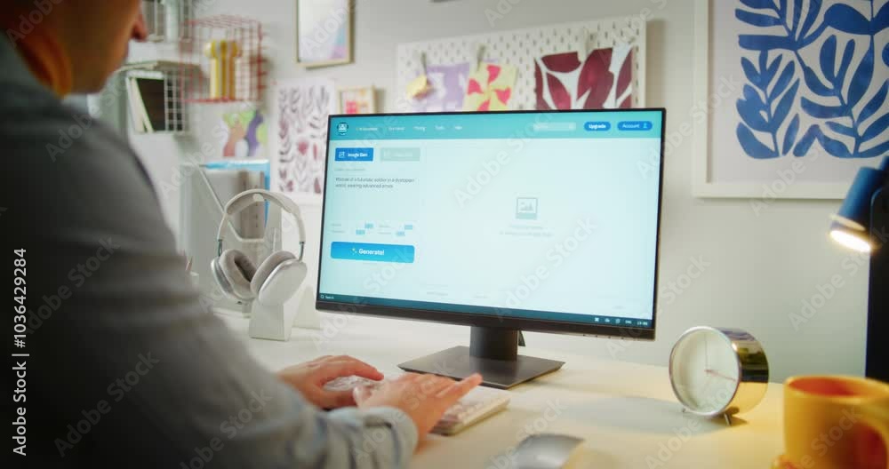 Dolly shot of man typing prompt in AI image generator on computer. PC ...