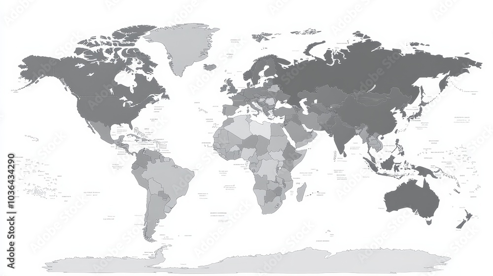 World map with countries in gray color, detailed with borders and ...