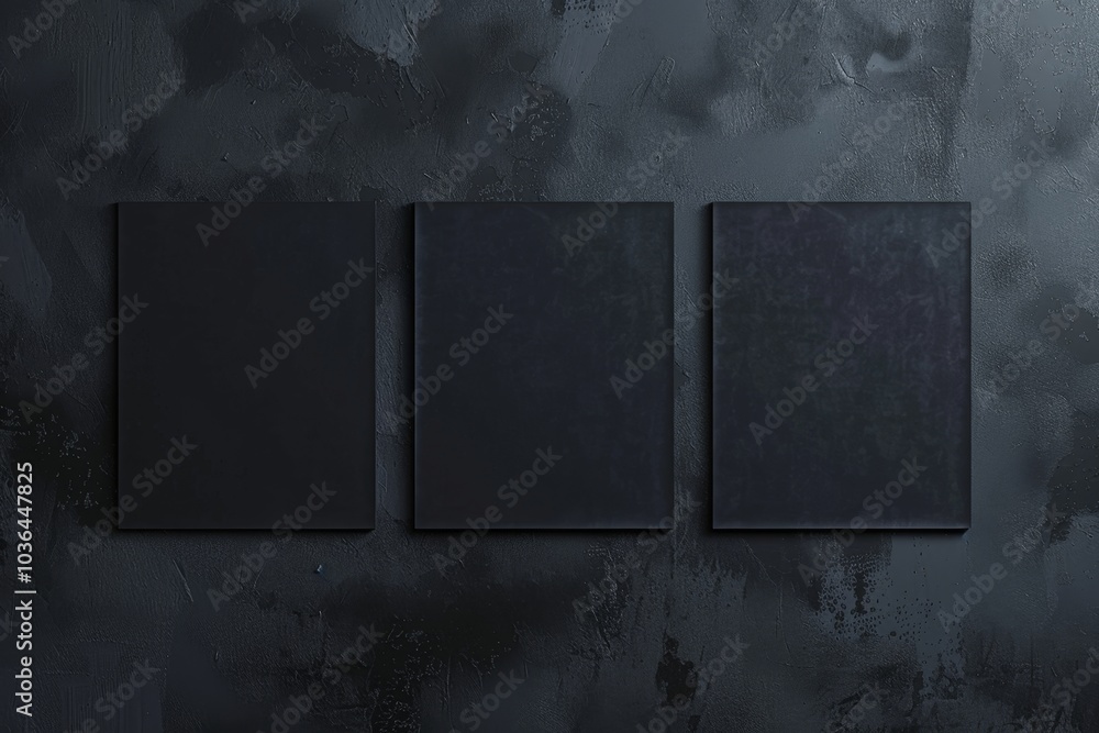 Three dark frames placed on a textured black wall, showcasing a ...