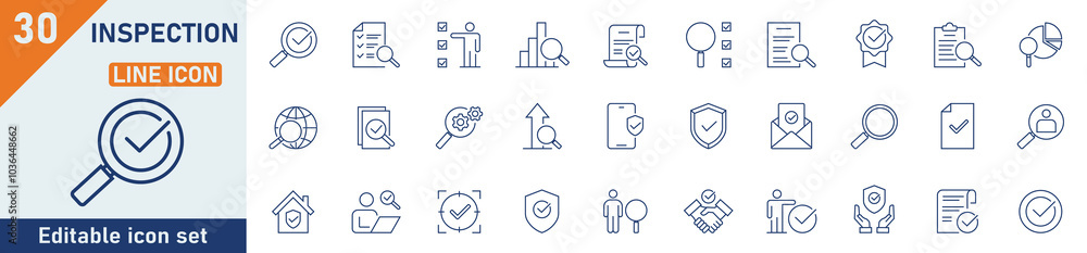 Inspection line icon set. Set of 30 outline icons related to inspection ...