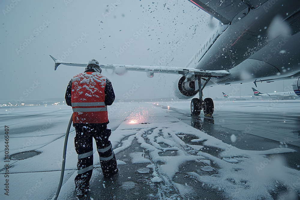 Aviation ground crew de-icing aircraft wings, snowflakes falling ...