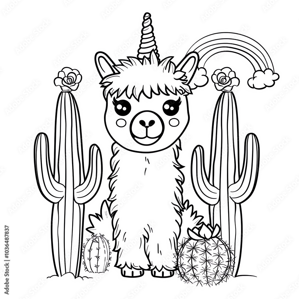 A cute llama with a unicorn horn sitting in front of cacti and a ...
