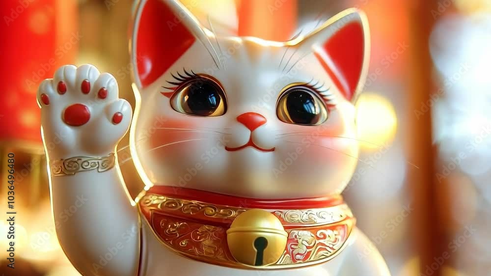 A white cat with red paws is waving at the camera. The cat is wearing a ...
