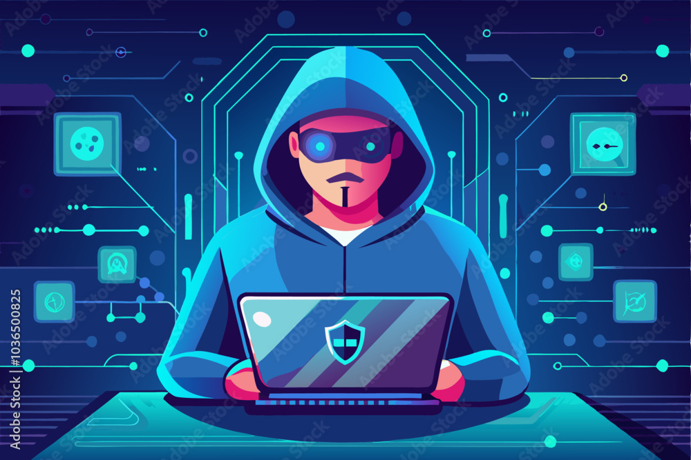 Digital anonymous hacker with light blue laptop and AI chip, Technology ...