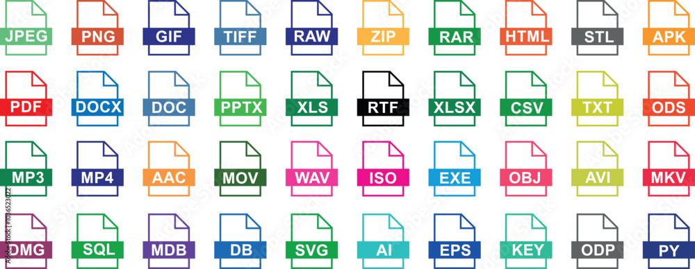 File type icon set, files format type vector, PNG, JPEG, PDF, DOCX, and ...