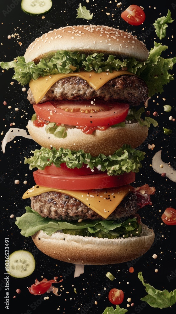 Double Cheeseburger with Fresh Lettuce, Tomato, and Sesame Buns ...