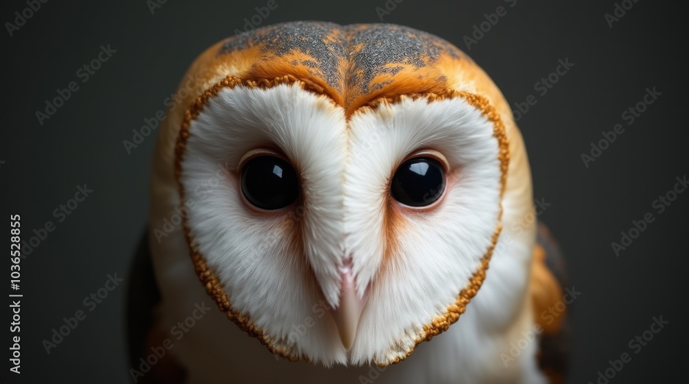 The barn owl's face is extremely close to the camera with its round ...