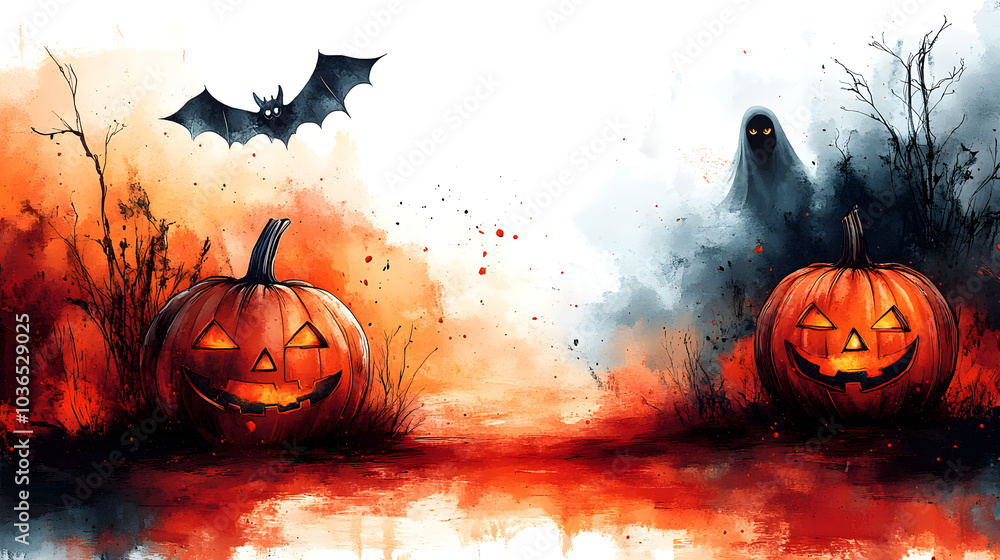 Watercolor Cute Halloween Clip Art Sheet with Bats and Pumpkins – Hand ...