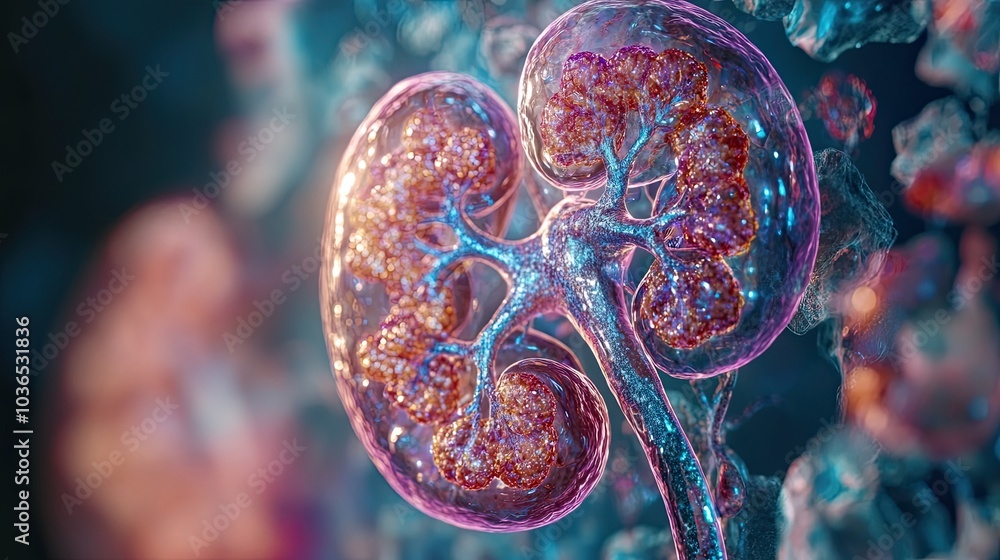 Microscopic view of human kidney tissue focusing on the nephron and ...