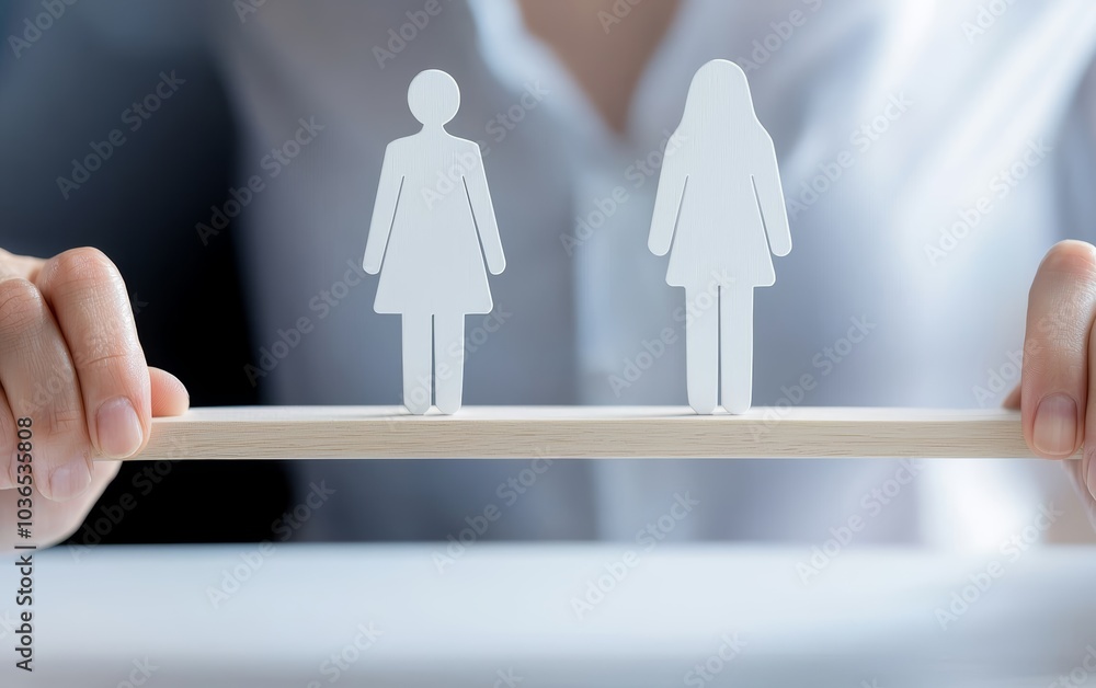 Seesaw with balanced gender icons and hands adjusting, illustrating ...
