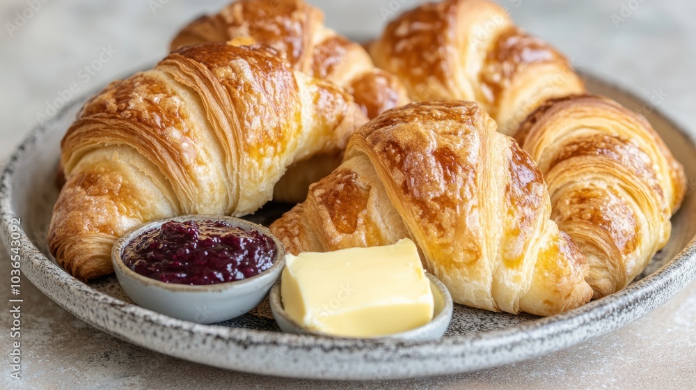 Freshly baked croissants with a perfect flaky crust on a plate, with ...