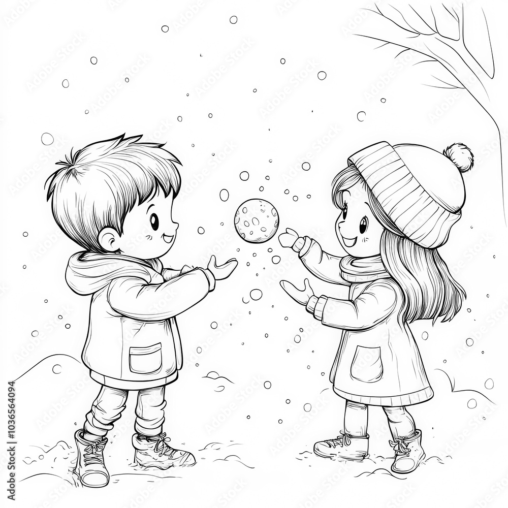 Kids having a snowball fight, coloring page for kids, simple outline ...