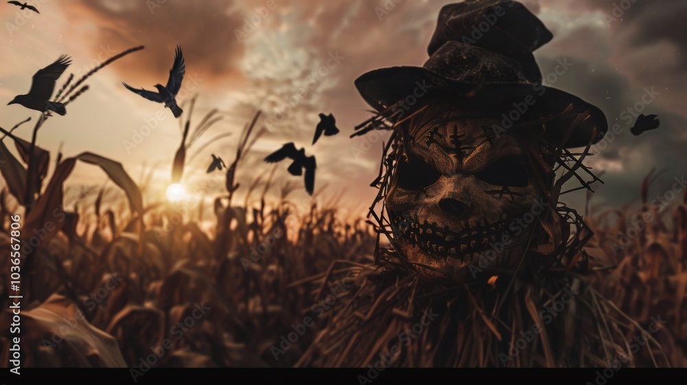 a menacing scarecrow in a cornfield at dusk, its twisted grin lit by ...