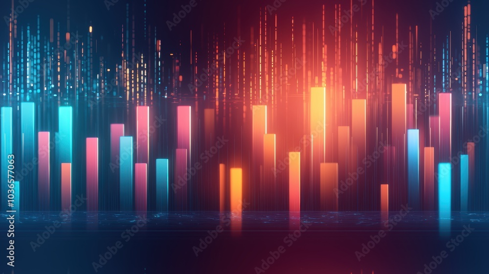 A vibrant digital visualization of bars in blue and orange hues, representing data analysis or ...