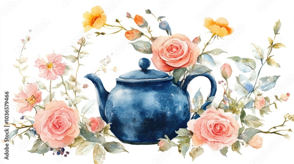 Blue teapot arranged with watercolor pink roses and orange freesia ...