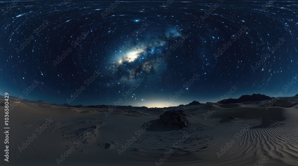 360 degree starry night sky texture in a night desert landscape ...