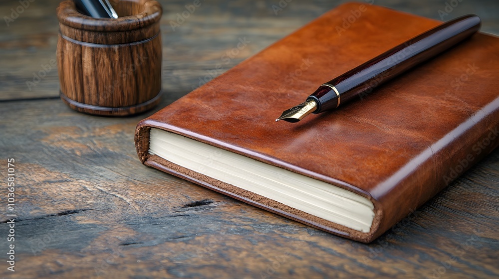 81. A nostalgic shot of a wooden desk featuring a leather notebook, a ...