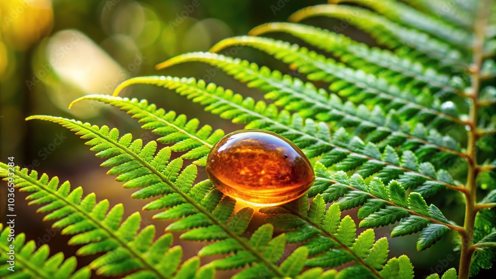 Sticky amber substance on a fern in the forest, vegetation, forest ...