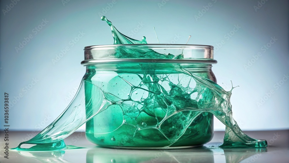 Teal green slime oozes out of a cracked glass container, lab safety ...
