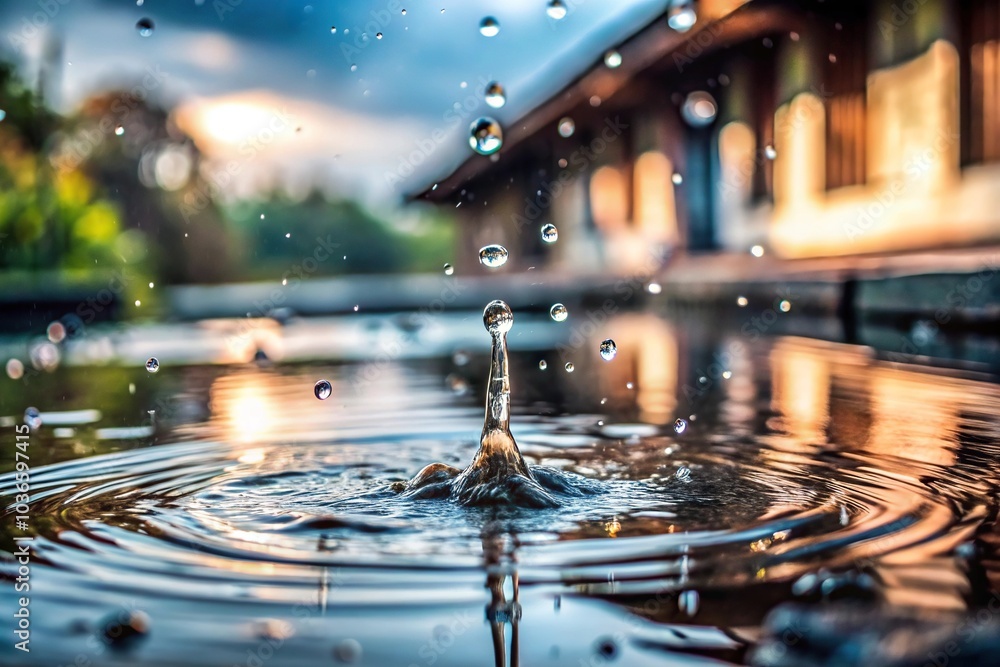 water droplets falling from a leaky roof into a puddle on the ground ...
