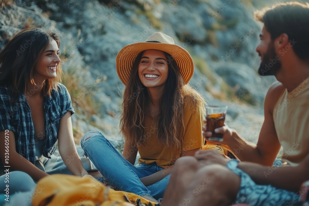 Group of happy friends bonding while enjoying an outdoor lifestyle ...