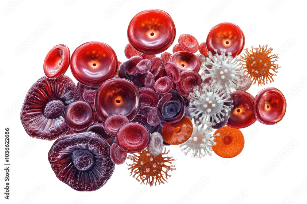 Detailed microscopic image featuring a cluster of various blood cells ...