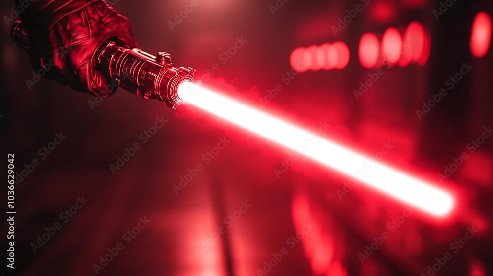 Red lightsaber, gloved hand, dark background, close-up. Sci-fi weapon ...