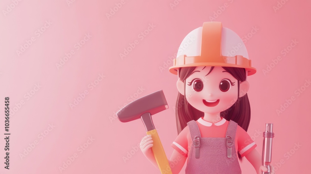A cheerful cartoon girl in a construction outfit holding tools ...